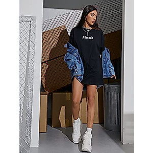 WDIRARA Women's Graphic Short Sleeve Drop Shoulder Oversized Tee Round Neck T Shirts Letter Print Black M