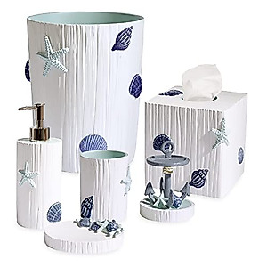 Destinations Sea Shell Waste Basket Trash Can for Bathroom Bath Accessory Coastal Theme Nautical Beach House Ocean, Blue
