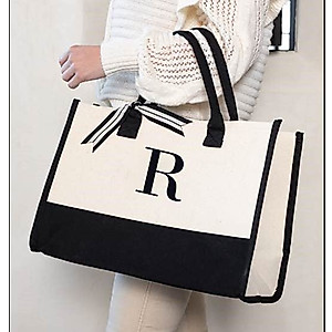 Mud Pie Classic Black and White Initial Canvas Tote Bags (R), 100% Cotton, 17" x 19" x 2"