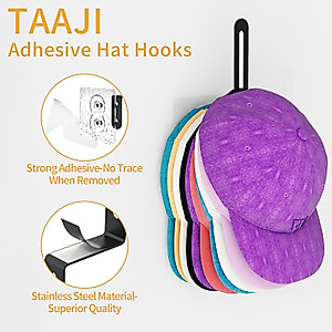 Taaji Hat Hanger for Wall 6 Packs, Adhesive Hat Hooks for Wall, Metal Baseball Hat Rack for Wall No Drilling, Sticky Hat Storage for Baseball Caps