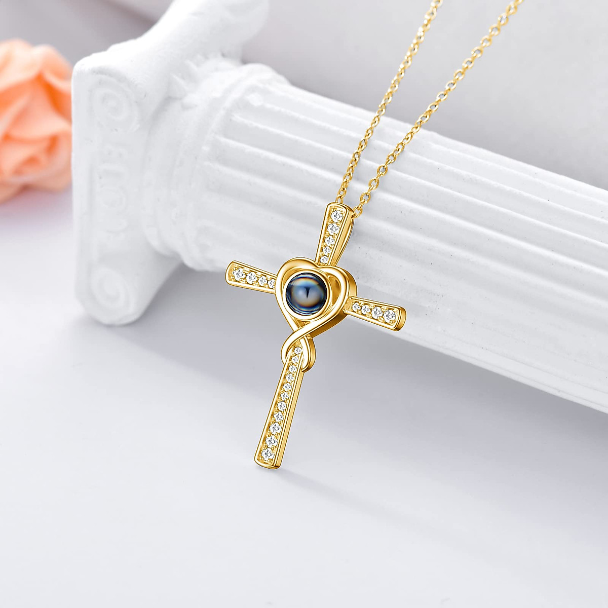 SLIACETE Personalized Picture Cross Projection Necklace 925 Sterling Silver 100 Languages Projective Jewelry Memory Gifts for Women Wife Mom Girlfriend (Gold)