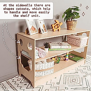 Woodandhearts Montessori 3 Tier Shelf - Low Open Shelf for Toddler - Wooden Floor Kids Organizer - Nursery Shelf for Storage (Natural wood, Low shelf "in order"))