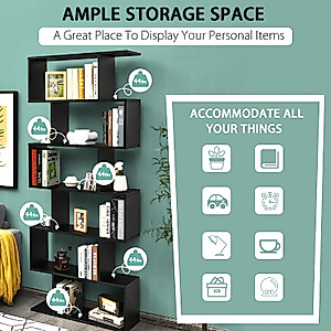 IFANNY 6 Tier Bookshelf, S Shaped Bookcase w/Staggered Storage Shelves, Display Shelf and Room Divider, Librero para Habitacion, Book Shelf for Bedroom, Living Room, Home Office (Black)