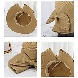 Womens Wide Brim Slit Sun Hat Bow Knot Summer Straw Sun Hats for Women (Beige)