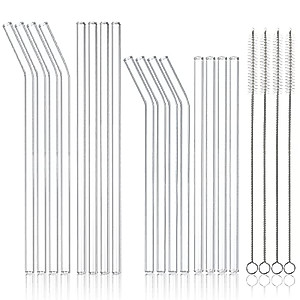 Panleding 16 Pack Reusable Glass Straws, Size 10''x10MM and 8.5''x10MM Each Including 4 Straight and 4 Bent, Clear Glass Drinking Straw with 4 Cleaning Brushes Perfect for Juice, Smoothies, Cocktail