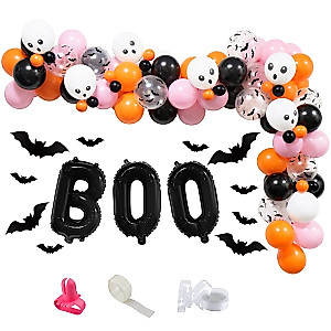 100Pcs Halloween Balloon Arch Garland Kit,Pink Black Orange Halloween Balloons Arch with BOO Foil Balloons,Skull Balloons,Bats Wall Stickers for Halloween Theme Party,Halloween Day Party Decorations