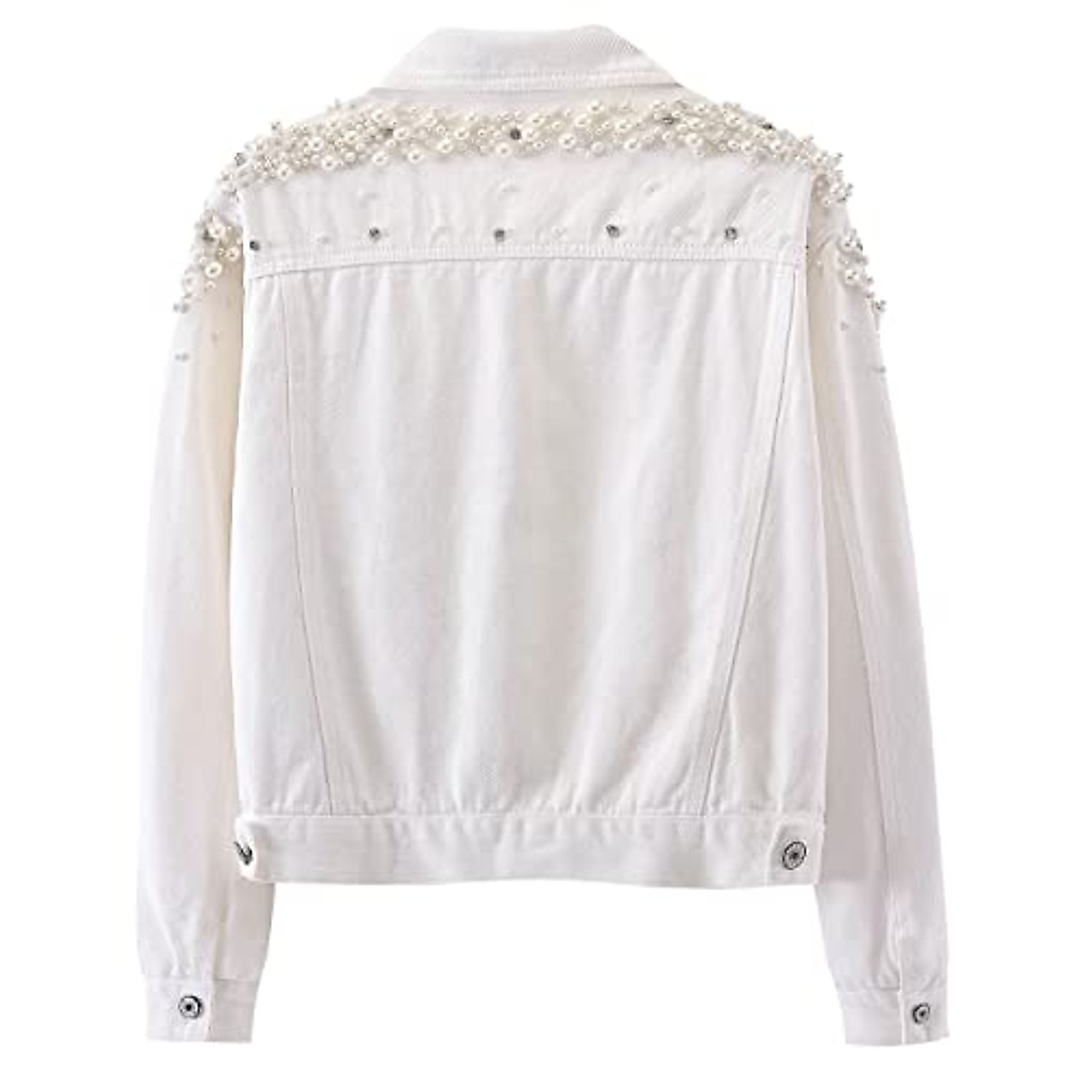 Kedera Women's Embroidered Rivet Pearl Short Denim Jacket Coat (White, Medium)