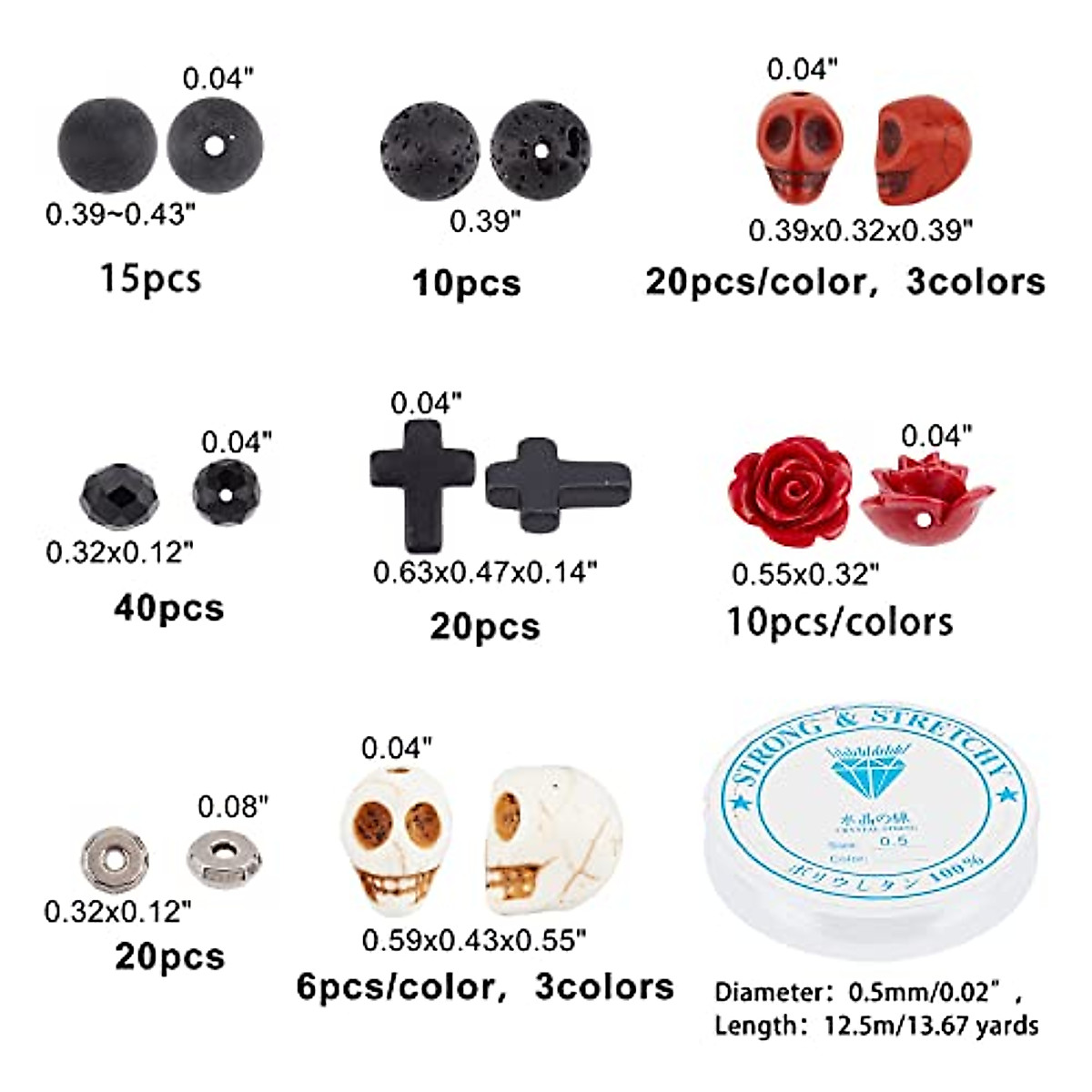 arricraft 203 Pcs Skull Gemstone Beads Kits, Natural Lava Rock Synthetic Turquoise Cross Beads Flower Rose Beads and Tibetan Style Beads for Jewelry Making Bracelets Necklaces DIY Crafts