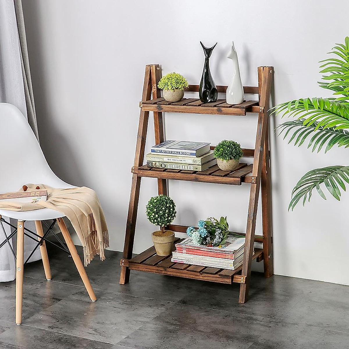 Yaheetech Folding Plant Stand Wooden Foldable Plant Shelf 3-Tier Flower Pot Stand Plants Display Shelf Rack Ladder Garden Indoors Outdoors 23.6 x 15 x 36.6in
