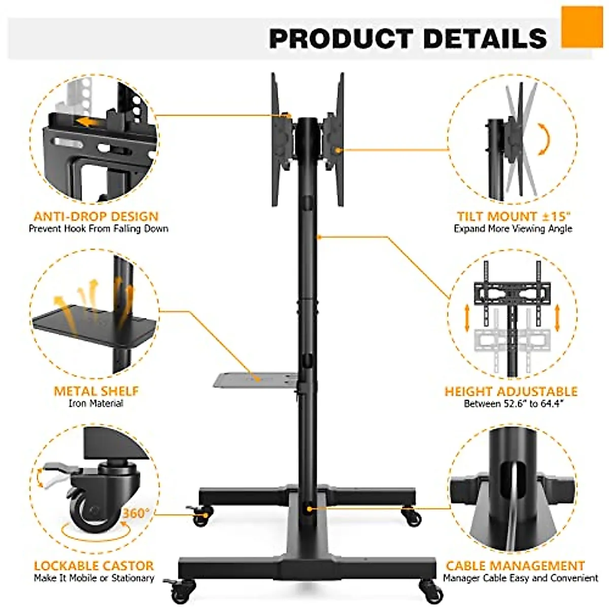5Rcom Rolling / Mobile TV Cart with Wheels for 32 to 55 Inch LCD LED 4K Flat Curved Screen Vertical TVs-Height Adjustable Screen Tilt Rolling TV Stand for 2 TVs with Laptop Shelf Holds Up to 132 lbs