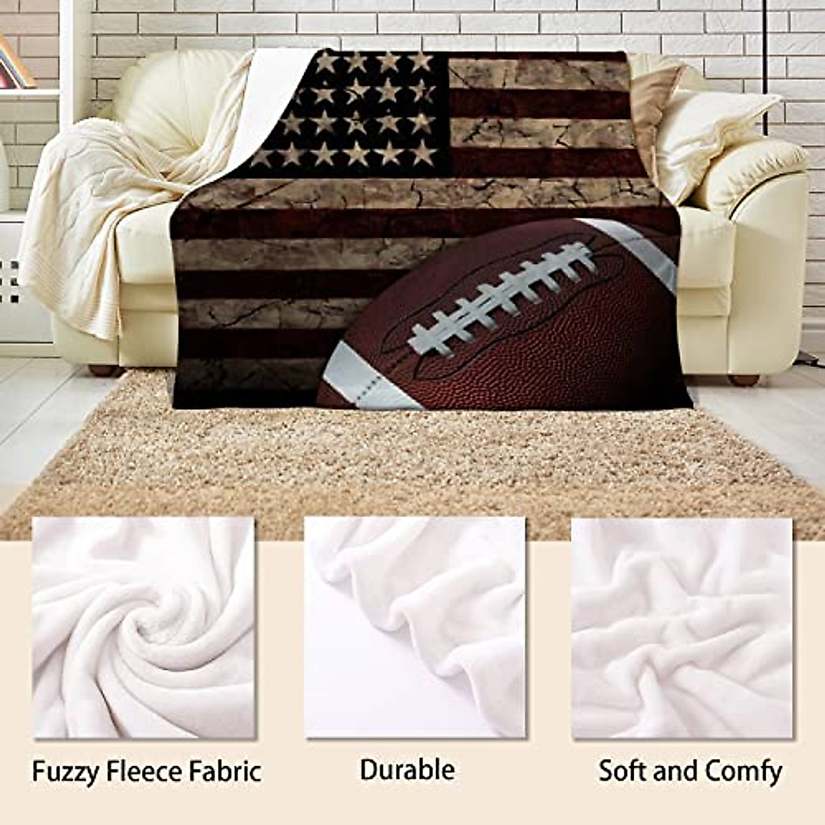 Soft Fleece Baseball Football Throw Blanket, Cozy Sherpa Warm Fuzzy Thick Bed Couch Sofa Blankets for Sport Fans Kids Adults Gifts 60"x 50" (Football-Brown)