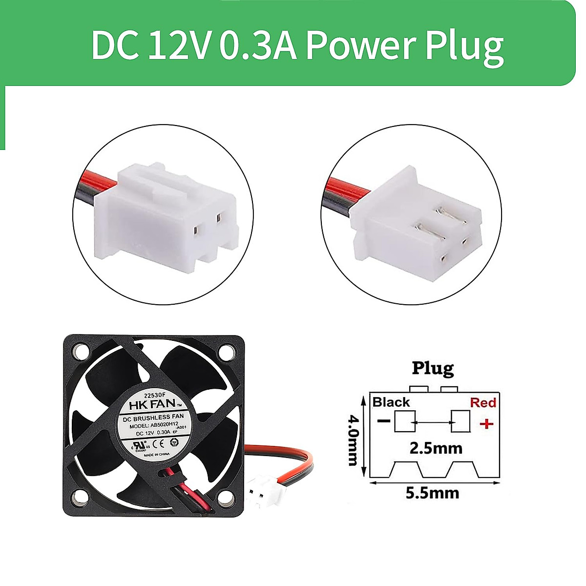 Security-01 50mm x 50mm x 20mm 5020 12V 0.30A Ball Bearing Brushless DC Cooling Fan 2pin AB5020H12 UL (Pack of 2)