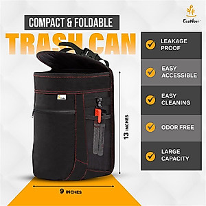 EcoNour Car Trash Can with Lid & Storage Pockets | Waterproof Garbage Can | Hanging Trash Bin with Removable Inner Bag | Trash Can for SUVs, Trucks & More | Black