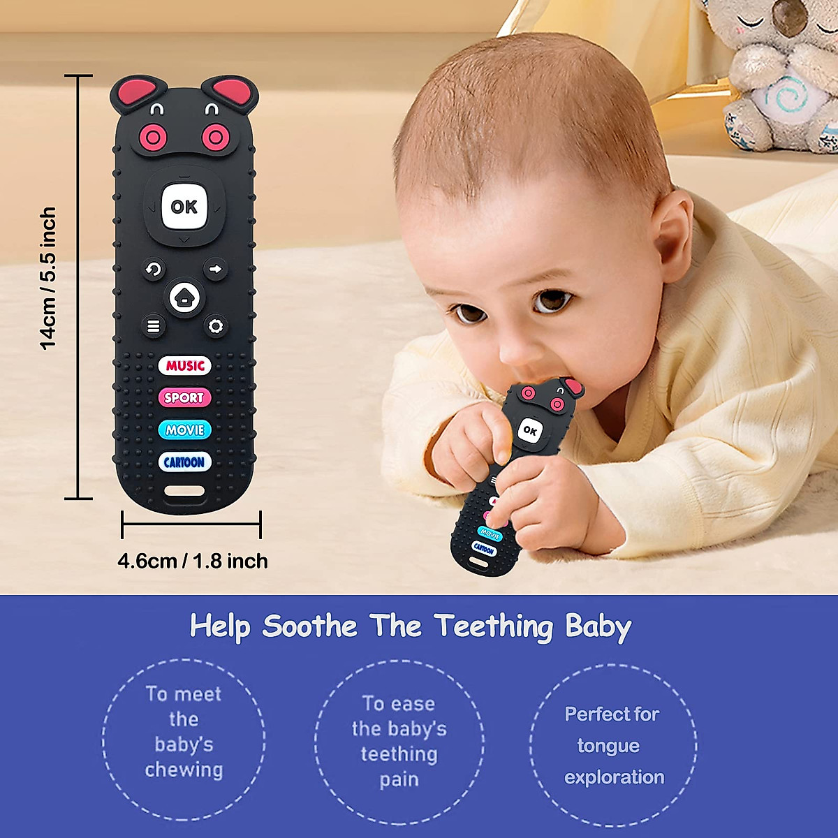ROBBEAR Baby Teething Toys, Food Grade Silicone Teethers for Babies 3 6 12 18 Months, Fire TV Remote Shape Infant Chew Toys for Boys and Girls, Freezer BPA Free (Pig Black + RTV Black)