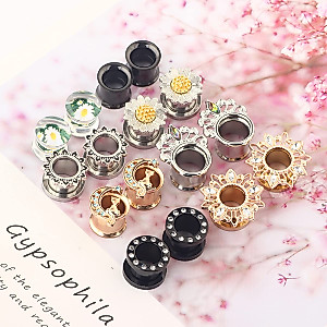 8 Pairs Ear Tunnels Gauges For Women Black Internally Flare Earrings Plugs Gauges For Ear Stainless Steel Plug Tunnel Piercing Stretcher Kit Rhinestone Flower Drop 10mm 00g