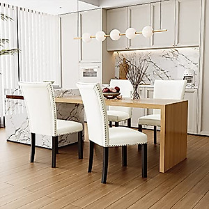 JESONVID Set of 6 Parsons Dining Chairs Faux Leather Kitchen Chair with Solid Wooden Legs Upholstered Soft Leather Padded Chairs with Nail-Head Trim-Ivory White
