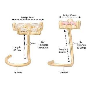 Lavari Jewelers 22 Gauge Curved Screw White Butterfly Pink Flower Nose Ring Set for Women in 14k Yellow Gold Piercing Jewelry Set