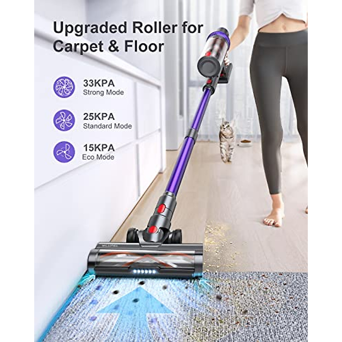 WLUPEL Cordless Vacuum Cleaner, 33Kpa Stick Vacuum Cleaner, 400W Handheld Vacuum with LED Touch Screen, 50mins Runtime for Pet Hair, Carpet and Hardwood Floor(KB-H015)