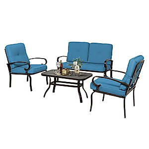Oakmont 5Pcs Outdoor Furniture Patio Conversation Sets Loveseat, 2 Motion Spring Chairs with Coffee Table, Metal Frame Chair Set (Peacock Blue)