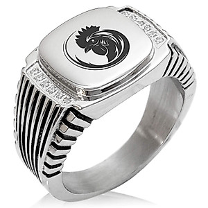 Two-Tone Stainless Steel Tribal Rooster Clear Cubic Zirconia Ribbed Needle Stripe Pattern Biker Style Polished Ring, Size 10