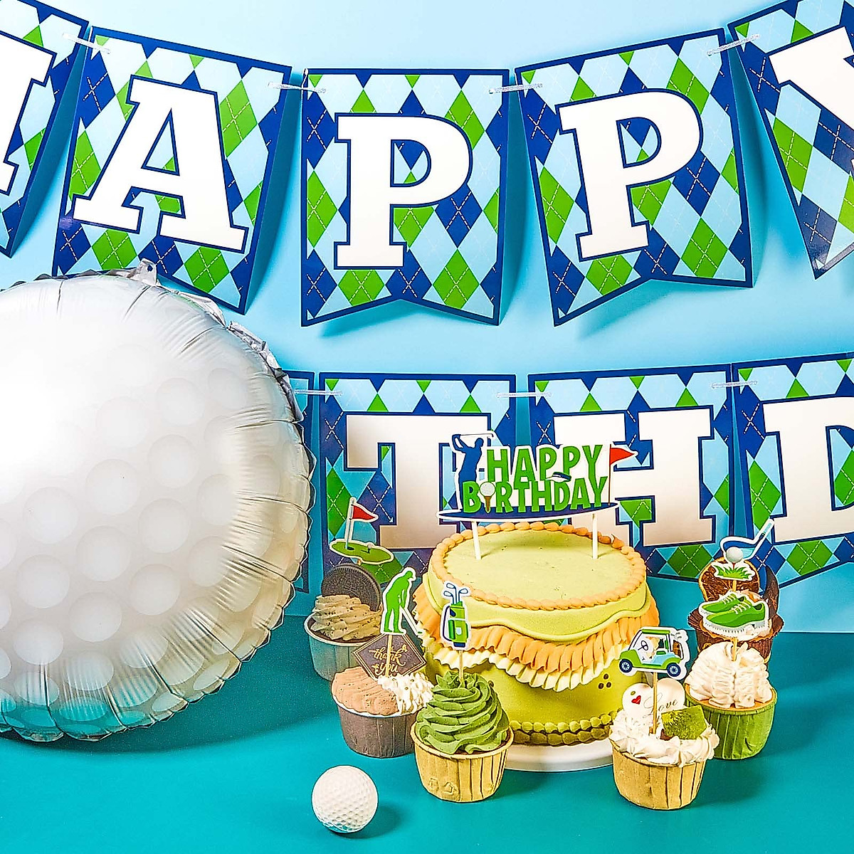 Containlol 32 Pieces Golf Birthday Party Supplies Decor Kits Golf Theme Happy Birthday Banner Golf Themed Cake Toppers Happy Birthday Cake Inserts Golf Aluminum Foil Balloons for Golf Themed Party