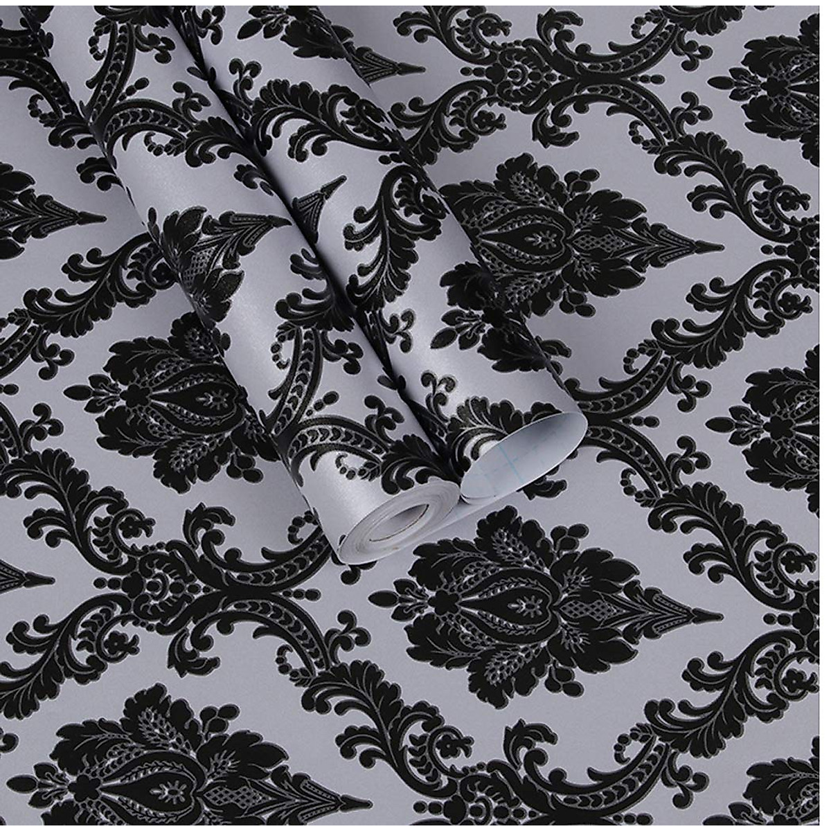 Black Damask Contact Paper Self Adhesive Shelf Liner Cabinets Drawer Wall Sticker Peel and Stick Wallpaper for Bathroom Bedroom 17.7" x 196"