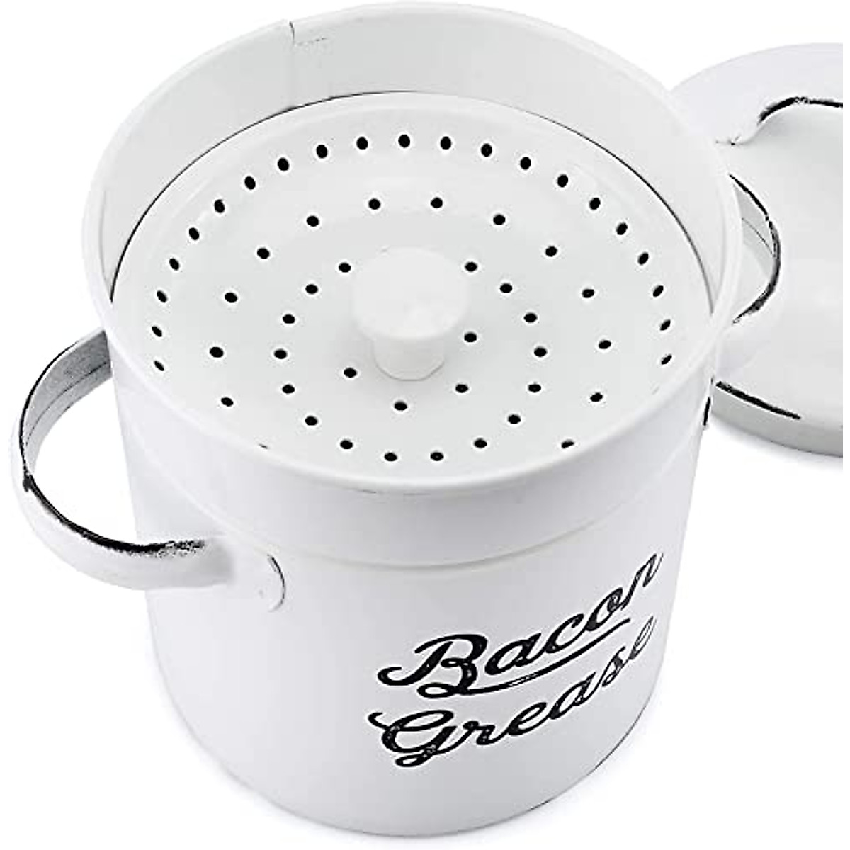 AuldHome Grease Container, White Enamelware Bacon Grease Can with Strainer, Farmhouse Style, Keto-Friendly