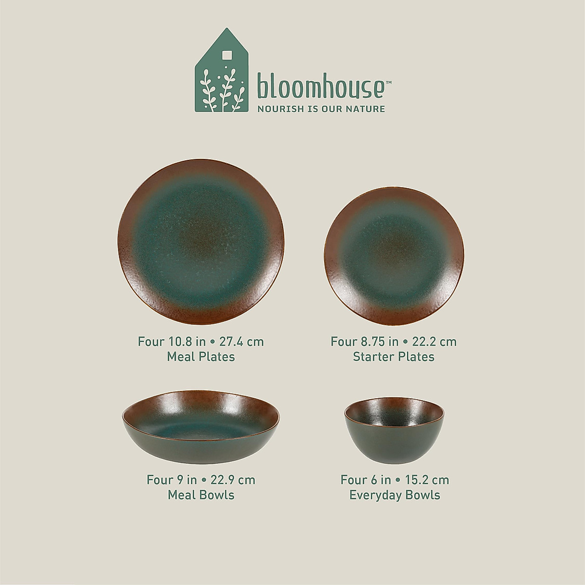 Bloomhouse - Oprah's Favorite Things - Palermo Sun Double Bowl Stoneware Reactive Glaze Plates and Bowls Dinnerware Set - Agave Blue, Service for Four (16pcs)