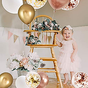 Rose Gold Confetti Latex Balloons, 60 pcs 12 inch White Metallic Gold Party Balloon with 33 Ft Rose Gold Ribbon for Birthday Wedding Anniversary Bridal Shower Decoration