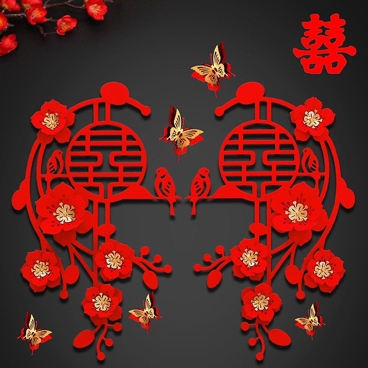 Chinese Traditional Wedding Decorations,Double Happiness,Flannel Paper-Cut 3D Three-Dimensional Bridal Room Decorations, Free About 100Double Happiness Stickers(Magpie)