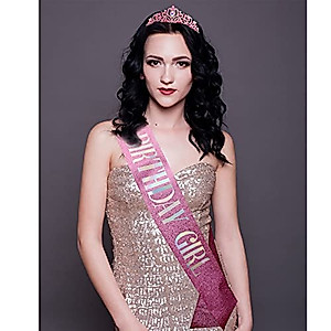 "Birthday Girl" Sash & Rhinestone Tiara Set COCIDE Birthday Sash and Tiara for Women Birthday Decoration Kit Rhinestone Headband for Girl Glitter Crystal Hair Accessories for Birth Party (Pink Tiara + Pink Sash (2))