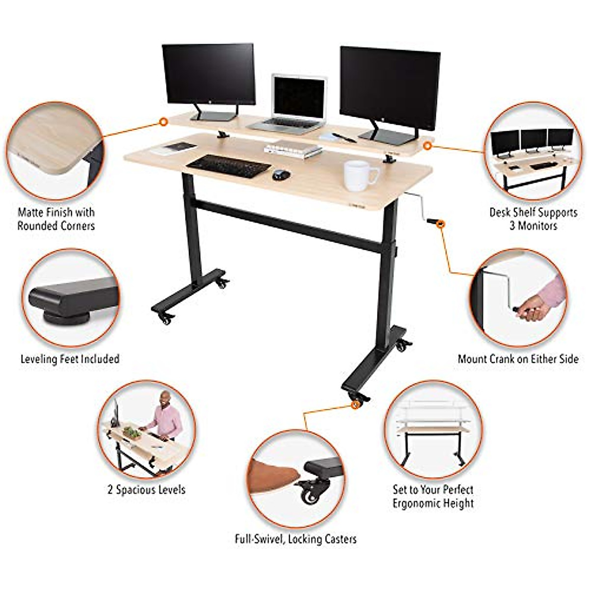 Stand Steady Tranzendesk | 55 Inch Standing Desk with Clamp On Shelf & Detachable Wheels | Crank Height Adjustable Sit to Stand Workstation | Monitor Riser Supports 3 Screens (55 in / Maple)