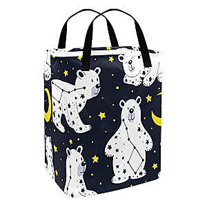 Constellation Bear with Moon Stars Print Collapsible Laundry Hamper, 60L Waterproof Laundry Baskets Washing Bin Clothes Toys Storage for Dorm Bathroom Bedroom