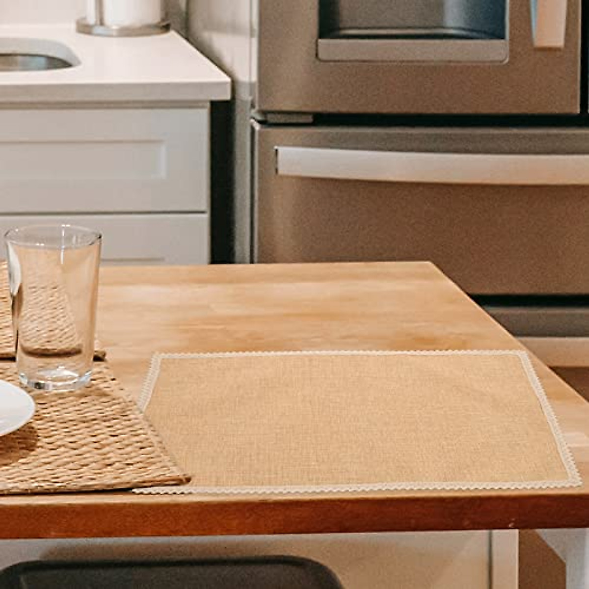 Kichvoe Dining Table Decor Lace Trim 6Pcs Burlap Placemats Lace Jute Rustic Farmhouse Table Mats for Special Occasions Parties Weddings Holidays - Brown Dining Table Decor Lace Trim