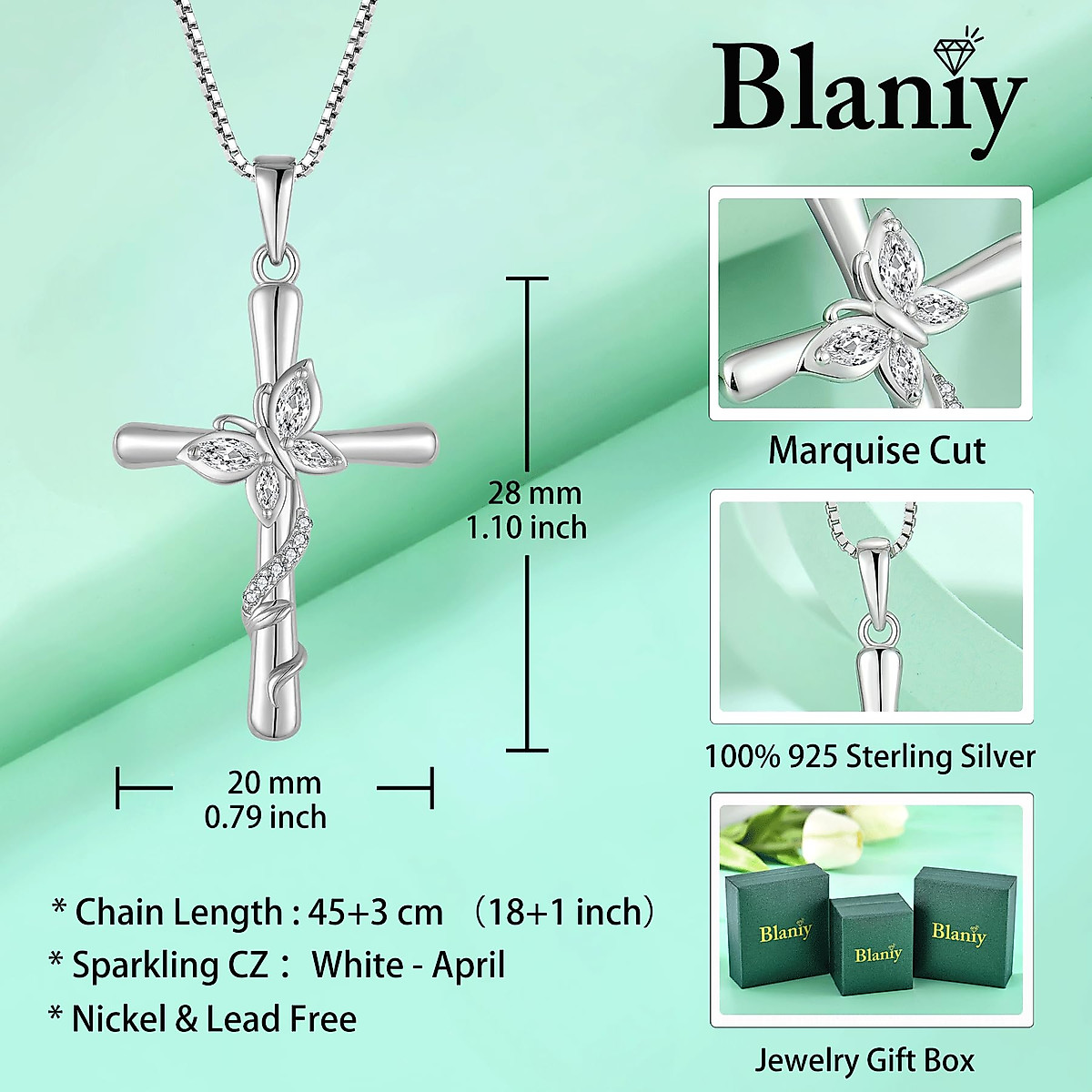 Blaniy Cross Necklace for Women 925 Sterling Silver Butterfly Necklace April Birthstone Pendant Necklace with Cubic Zirconia Jewelry Gifts for Women