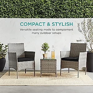 Best Choice Products 3-Piece Outdoor Wicker Conversation Bistro Set, Space Saving Patio Furniture for Yard, Garden w/ 2 Chairs, 2 Cushions, Side Storage Table - Gray/Black