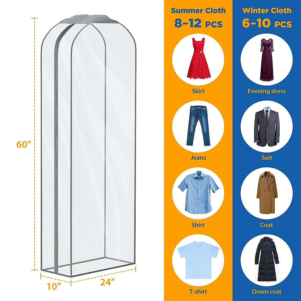 Zilink 10" Gusseted All Clear Hanging Clothes Bag 60" Dress Bags for Gowns Long Garment Bags for Hanging Clothes with Smooth Side Zipper Dust Proof Coat Dress Bags for Storage, 4 Packs