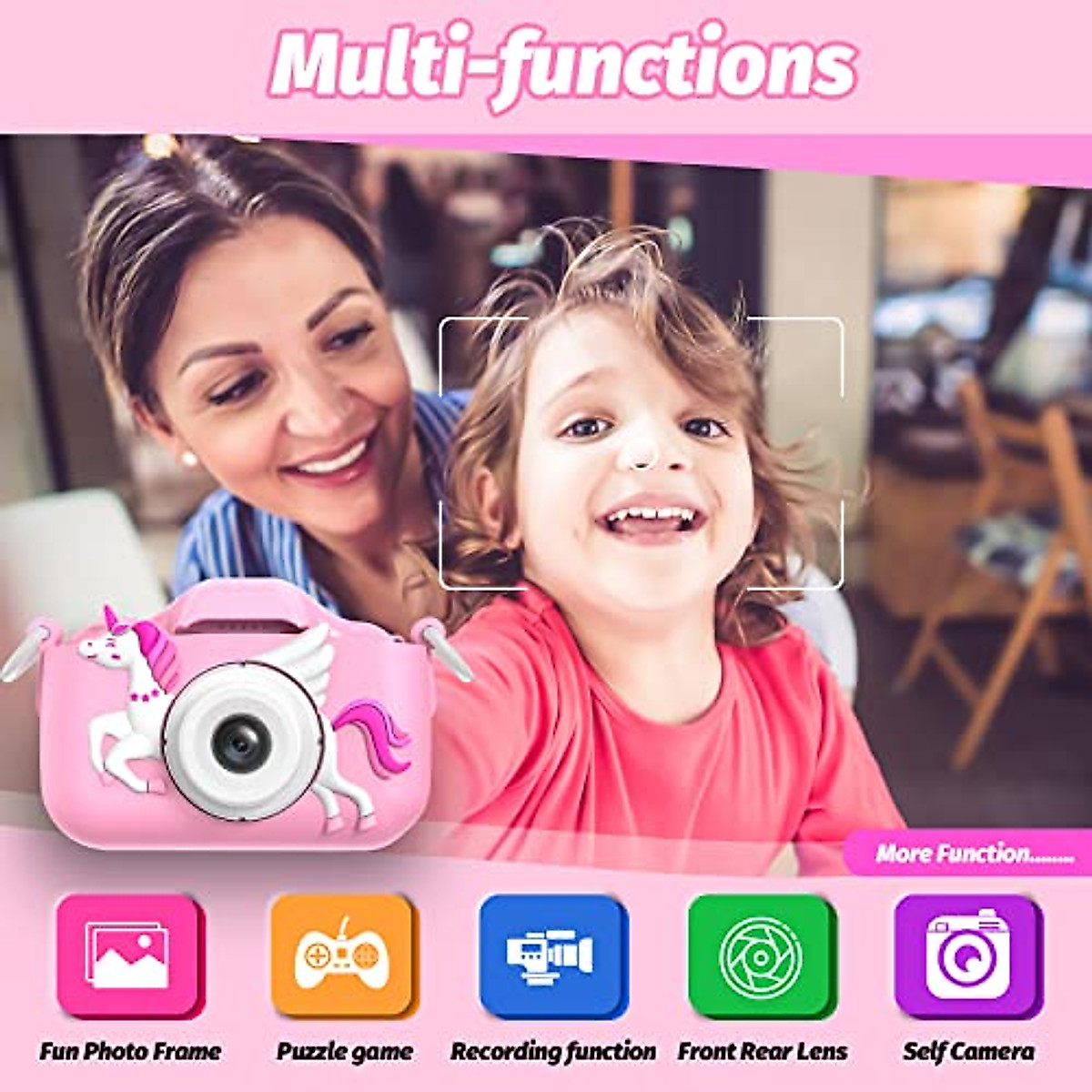 OUTUVAS Unicorn Kids Camera for Girls, Kids Selfie Camera 3-12 Years Old Girls Christmas Birthday Gift for Girls, Unicorn Little Girls Toys for 3 4 5 6 7 8 9 Years Old (Pink)