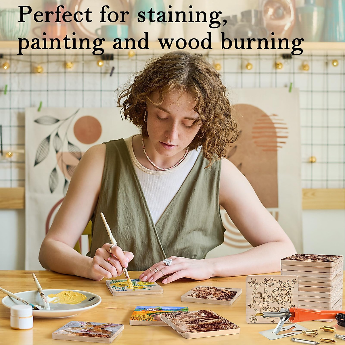 12 Pack Unfinished Wood Coasters, GOH DODD 4 Inch Square Blank Wooden Coasters Crafts Coasters for DIY Architectural Models Drawing Painting Wood Engraving Wood Burning Laser Scroll Sawing