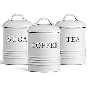 Barnyard Designs White Canister Sets for Kitchen Counter, Vintage Kitchen Canisters, Country Rustic Farmhouse Decor for the Kitchen, Coffee Tea Sugar Farmhouse Kitchen Decor Set, Metal