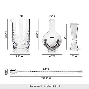 Viski Stainless Steel Bartender Set 4pcs Kit, Drink Mixers for Cocktails Gift Essentials: Mixing Glass, Hawthorne Strainer, Double Jigger and Barspoon, Silver