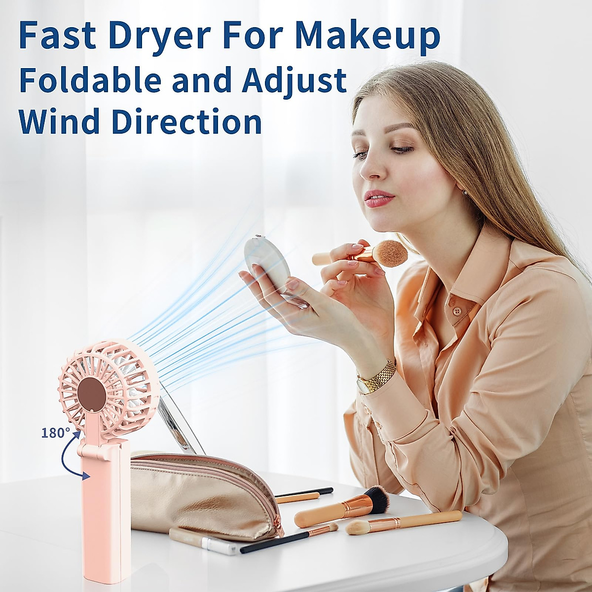 LIEWET Mini Handheld Fan, Neck Fan, Portable Fan Rechargeable, 2500mAh Rechargeable USB Fan, 180° Adjustable,3 Speed Personal Small Desk Fan, Strong Airflow, Super Quiet Pink