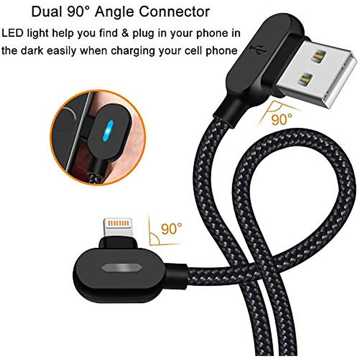 Quickeep 90 Degree iPhone Charger Cable 3 Pack 10ft Right Angle Lighning Cable with Blue LED Light Fast Charging Cable Nylon Braided Cord Compatible with iPhone 12 11 Xs MAX XR X 8 7 6s Plus (Black)