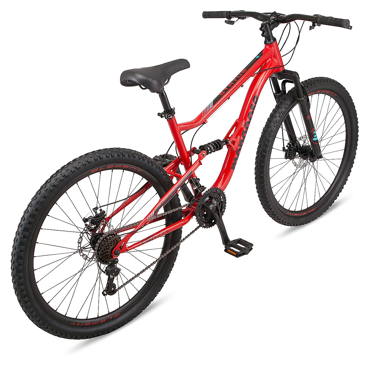 Mongoose Status Mens and Womens Mountain Bike, 27.5-Inch Wheels, 21 Speed Trigger Shifters, Aluminum Frame, Dual Suspension, Front and Rear Disc Brakes, Red
