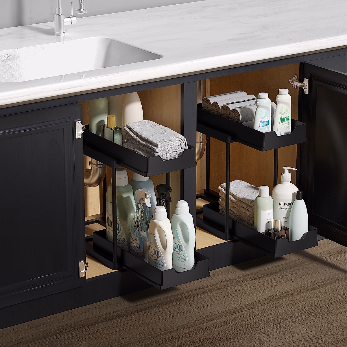 Under Sink Organizers and Storage, LUX DAILY Bathroom Storage with 2-Tier Sliding Storage Shelves, Kitchen Under Sink Organizer for Under Kitchen Bathroom Sink, Countertop Organizer