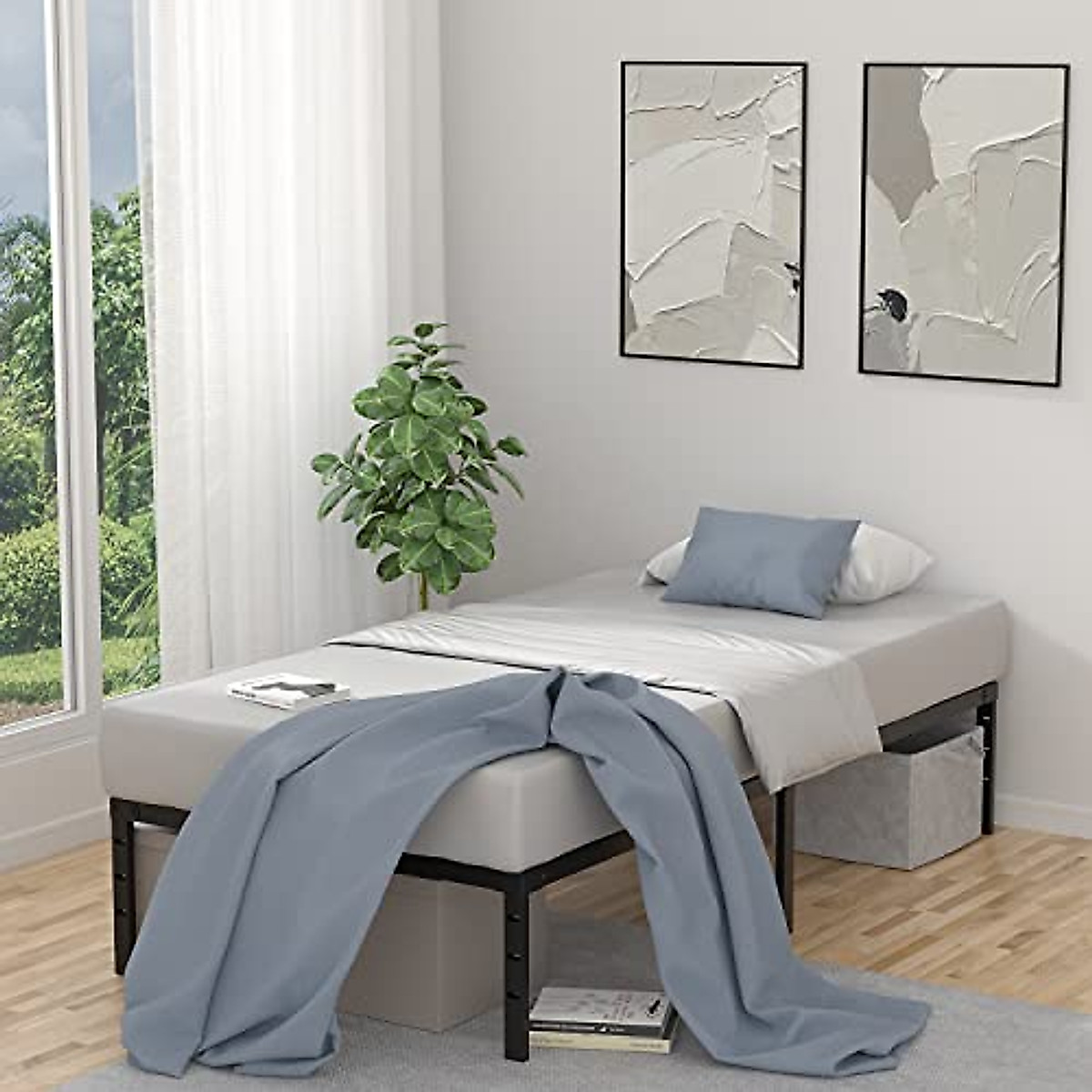 Meberam 14 Inch Twin Size Metal Platform Bed Frame Heavy Duty Mattress Foundation Support No Box Spring Need, Black