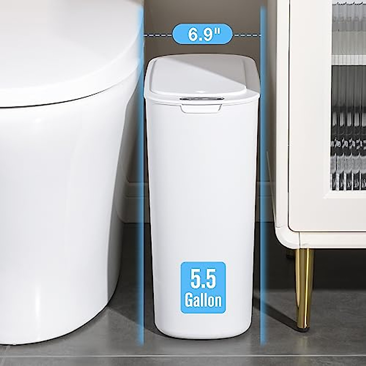 TrashAid Touchless Bathroom Trash Can with Lid, 5.5 gallon Rechargeable Motion Sensor Slim Trash Bin Automatic, Smart Plastic Garbage Can White Wastebasket for Toilet, Office, rv, Bedroom, Living Room