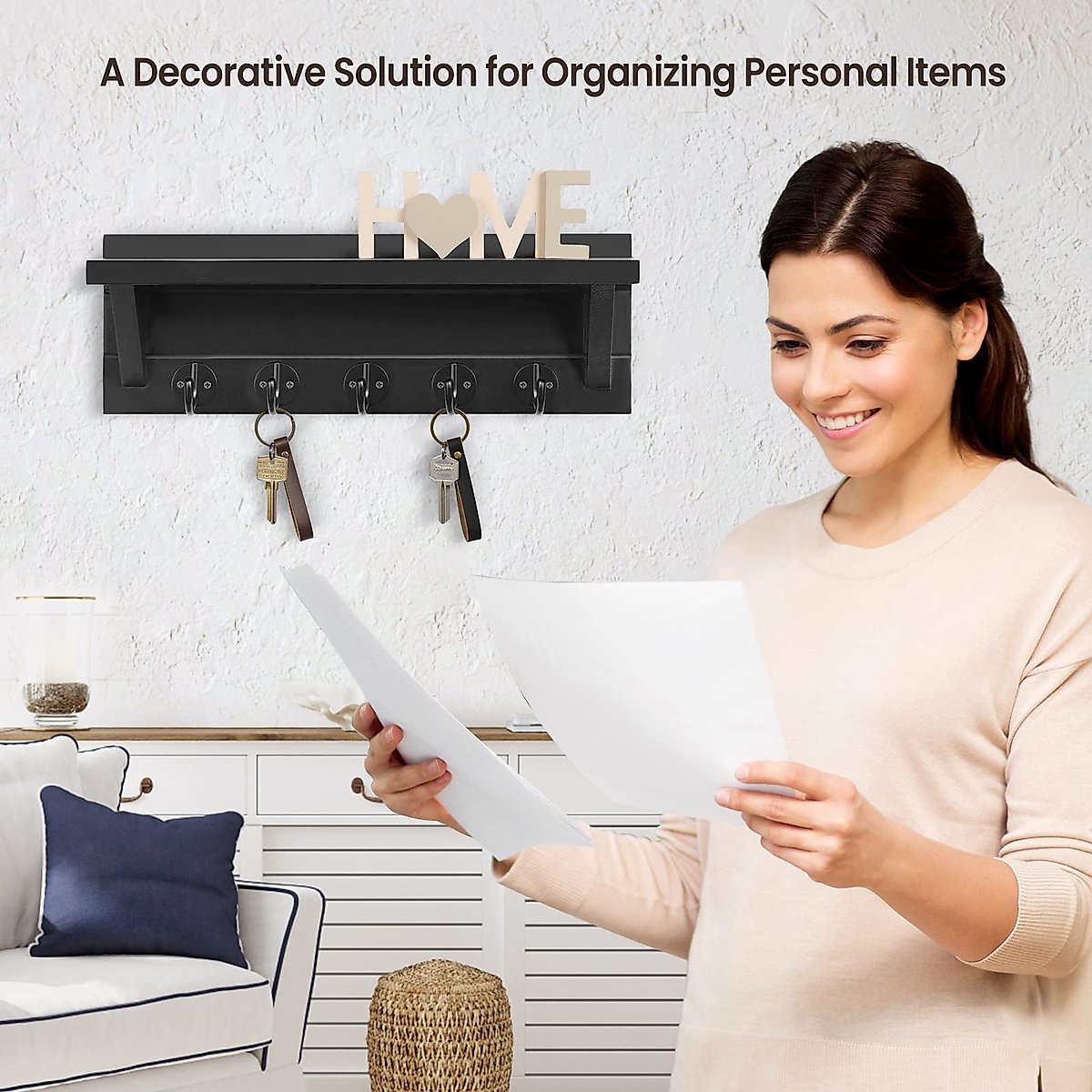 Lwenki Wall Key Holder with Shelf, Rustic Shelf with Hooks Made of Paulownia Wood Holds Keys, Dog Leash, Bags and More - 13.7" W x 4.7" H x 3.5" D Decorative Key Hanger and Entryway Shelf (Black)