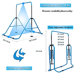 AMRTA Gymnastics Bars for Home with Rings Set Blue, Adjustable Height Training Balance Kip Monkey Bar Folding Horizontal Gymnastic Equipment, for Kids Children Junior Toddler Ages 3-10