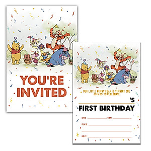 Dolimifa Vintage Winnie the Pooh 1st Birthday Invitations Fill in Style Classic Winnie the Pooh Bear First Birthday Invites, 20 count With Envelopes